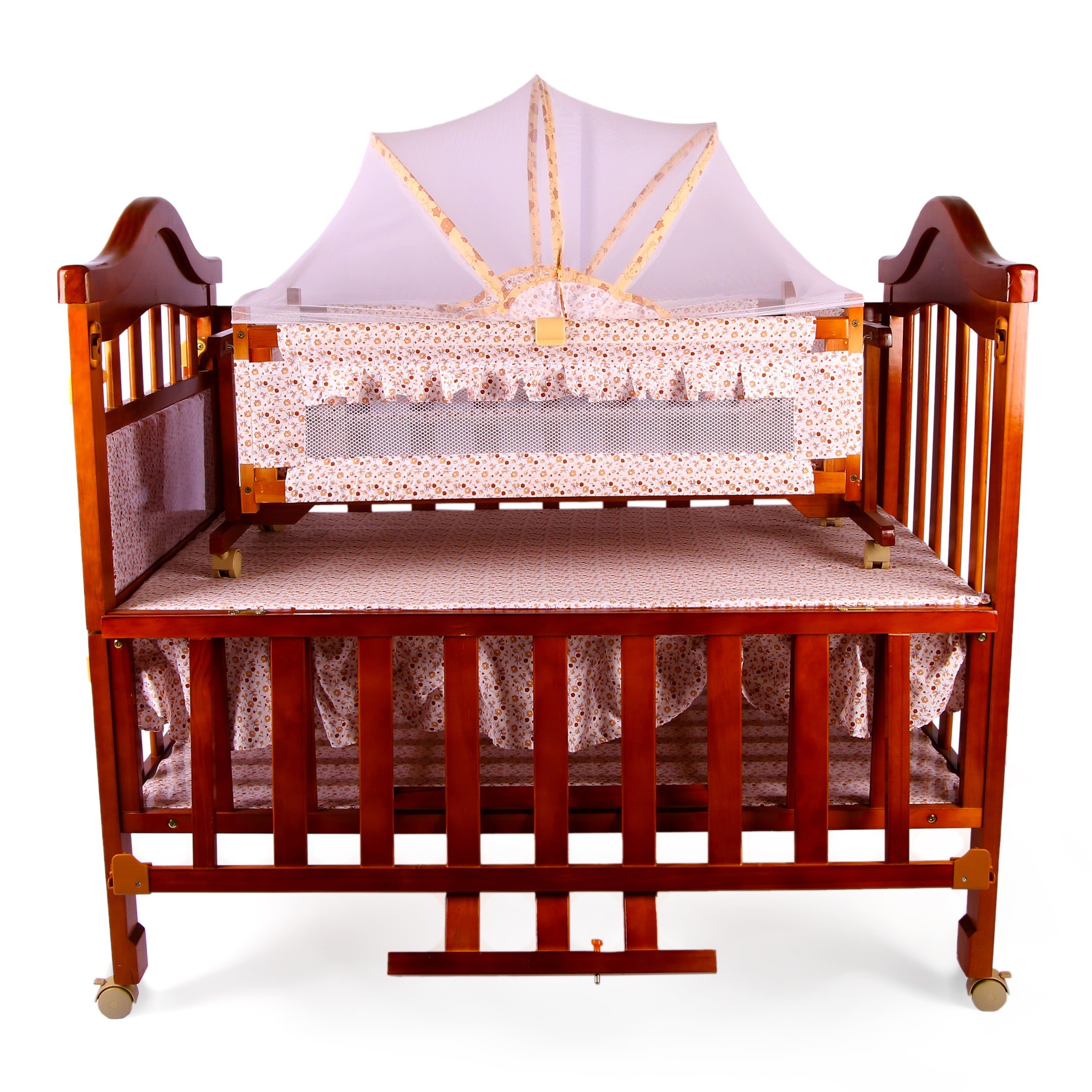 Wooden Baby Cot With Wheels Brown - Purejoy.pk