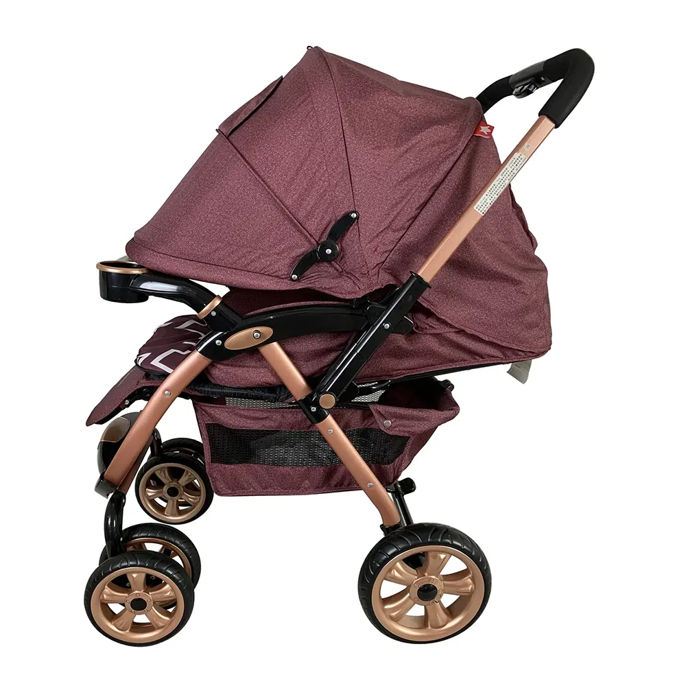 Baby Stroller 6 Wheels – Mehroon – Golden - Purejoy.pk