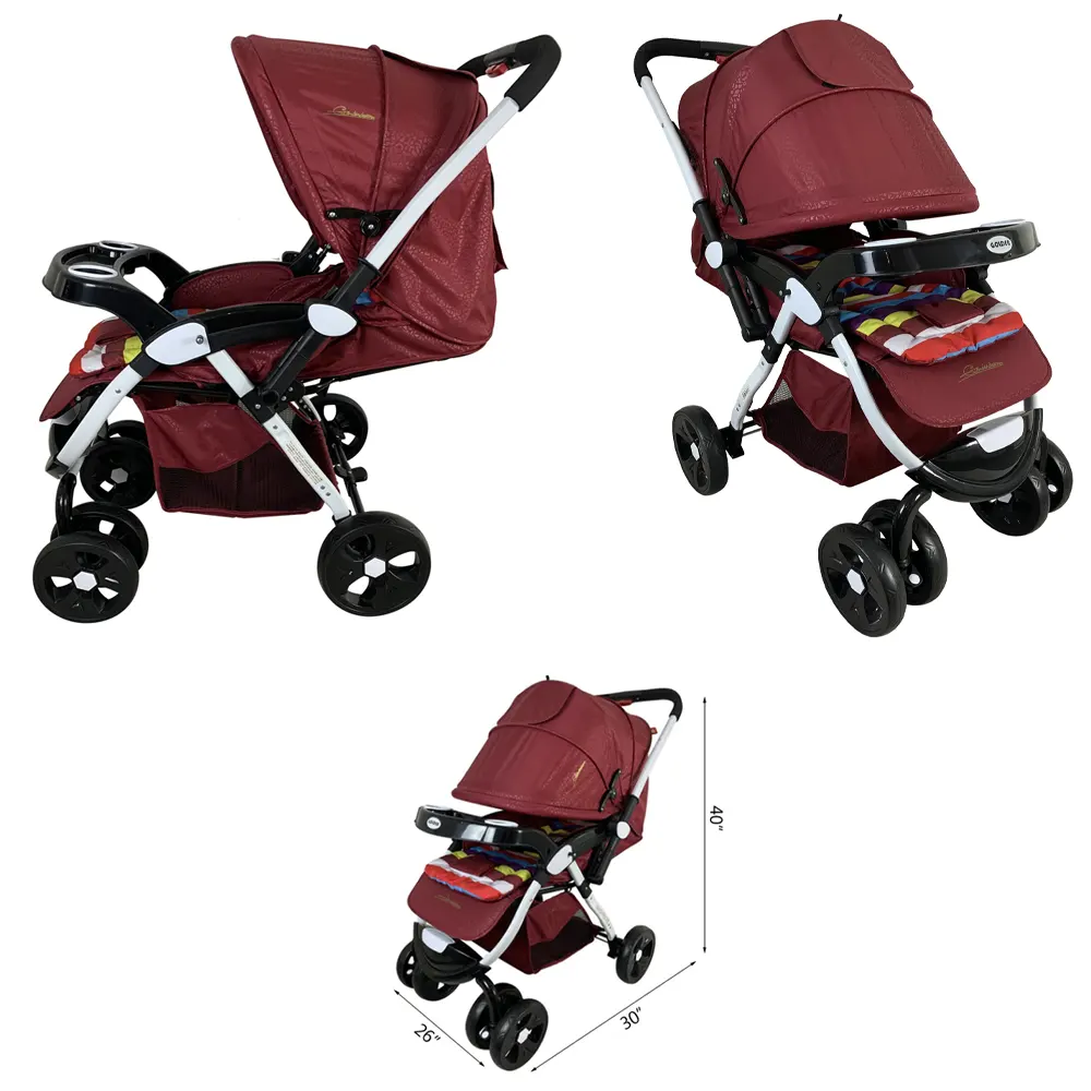 Baby Stroller 6 Wheels Mehroon - Golden - Purejoy.pk